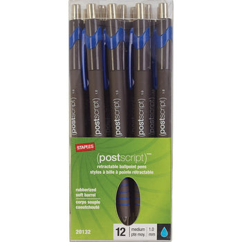 Staples Postscript Ballpoint Pens Retractable - 1.0mm - Blue - 12 Pack ...