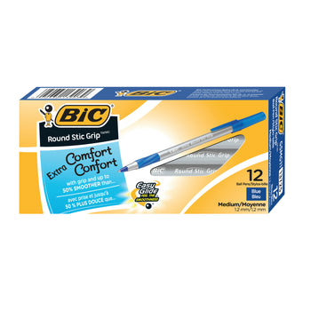 BIC Ultra Round Stic Grip Ballpoint Stick Pens - 1.2mm - Blue - 12 Pack ...