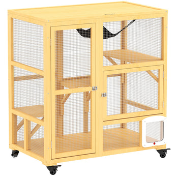 PawHut Wooden Cat House with Flap Door, Platforms and Hammock - Yellow ...