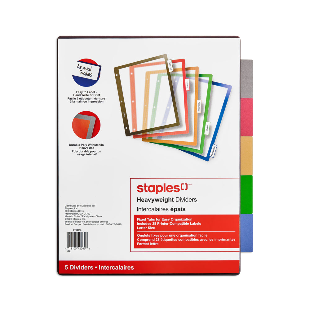 Staples Better Print & Apply Label Plastic Dividers Set - 5-Tabs ...