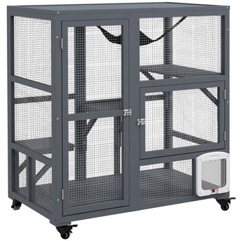 PawHut Wooden Cat House with Flap Door, Platforms and Hammock - Grey ...