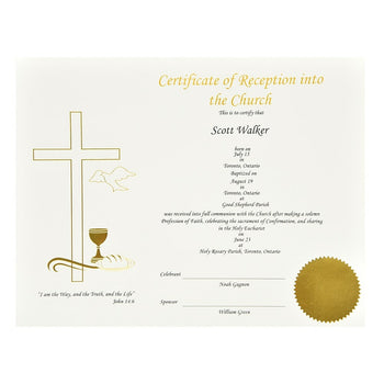 St. James Reception Into Church Certificate, Gold Foil Engraved Design ...