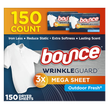 Bounce WrinkleGuard Mega Dryer Sheets - Outdoor Fresh Scent - 150 Pack ...